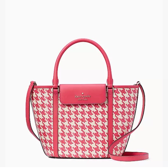 kate spade | Bags | Kate Spade Cruise Houndstooth Straw Medium Tote Crossbody Bikini Pink Nwt ...